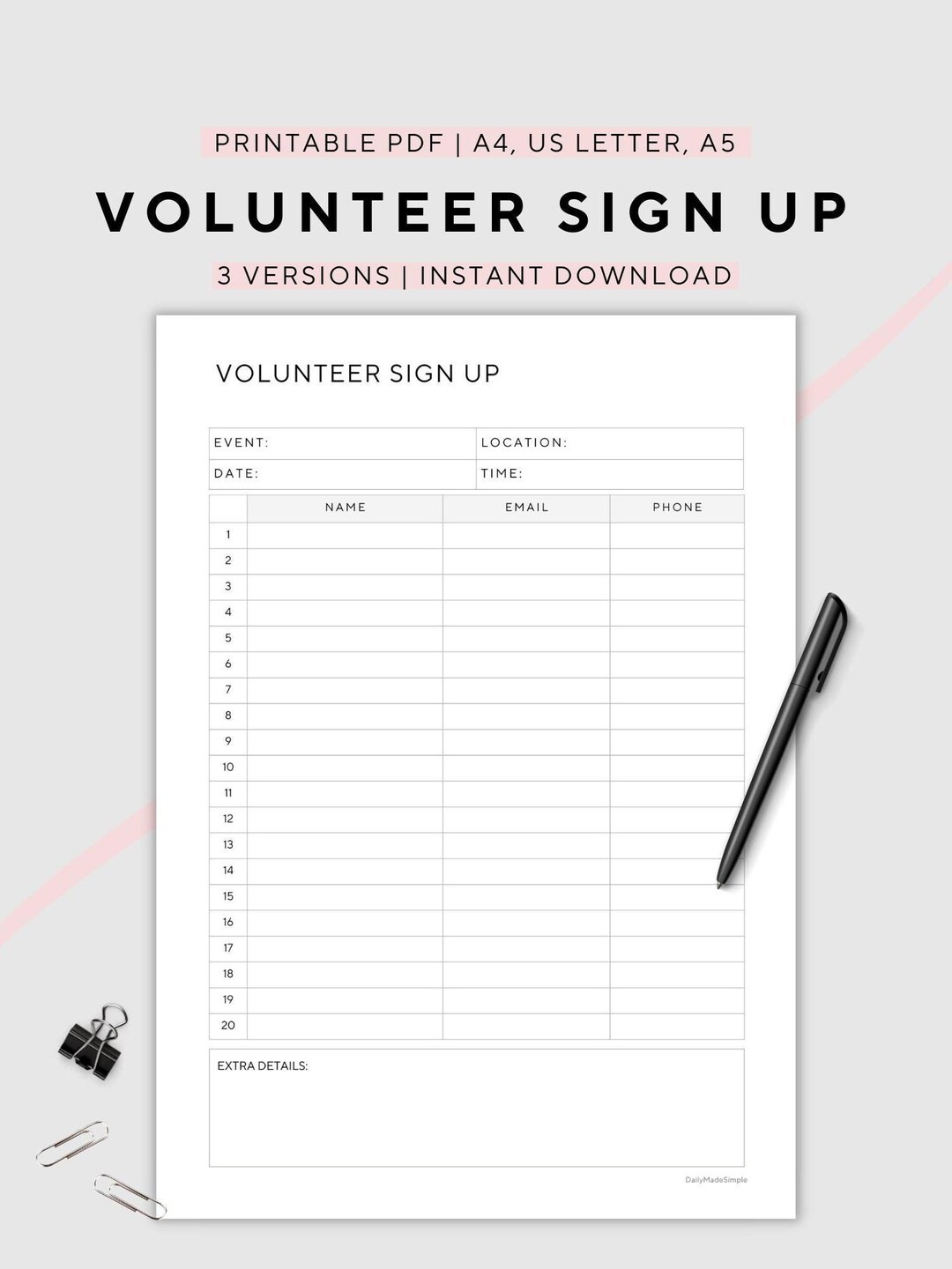 Volunteer Sign Up, Sign up Sheet, Helper Sign Up, Printable, A4/A5/US ...