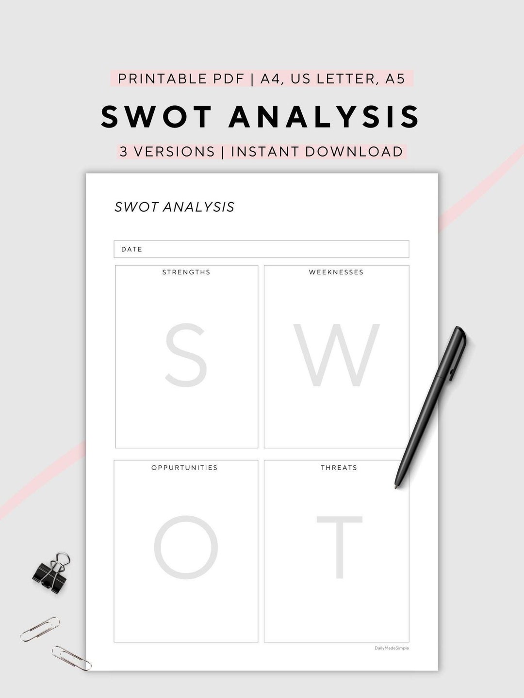 SWOT Analysis, Small Business, Side Hustle, Work From Home, Printable ...