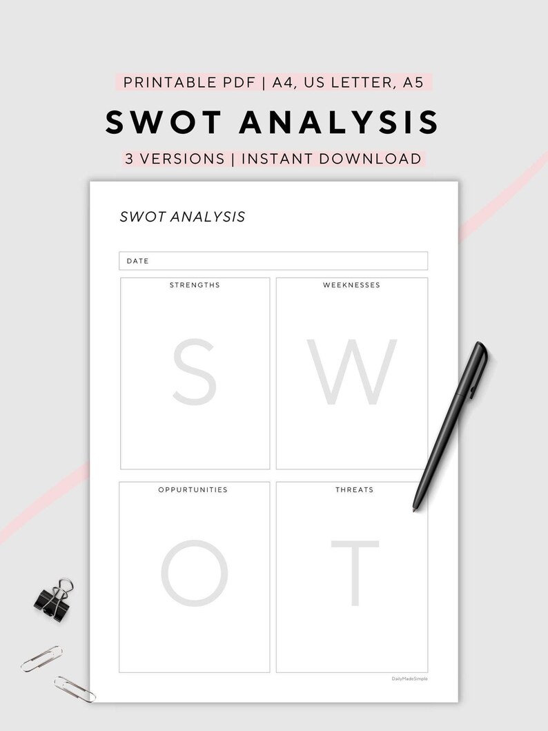 SWOT Analysis, Small Business, Side Hustle, Work From Home, Printable ...