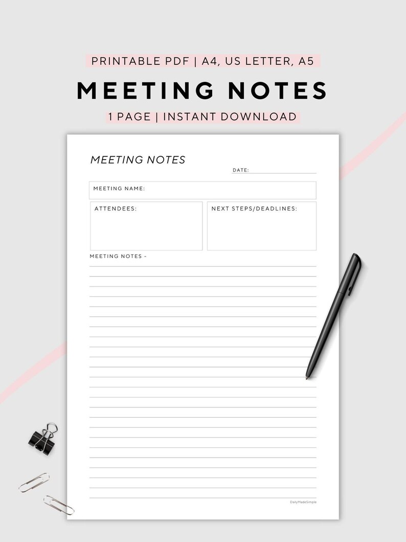 Meeting Notes, Business Planner, Work From Home, Printable, A4/A5/US ...