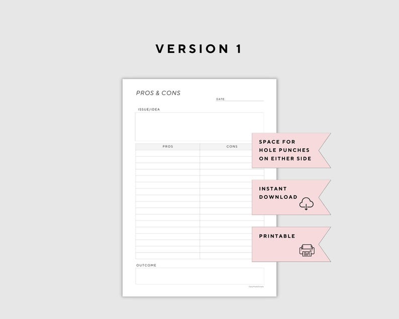 Pros & Cons, Printable, Problem Solving, for or Against, Personal ...
