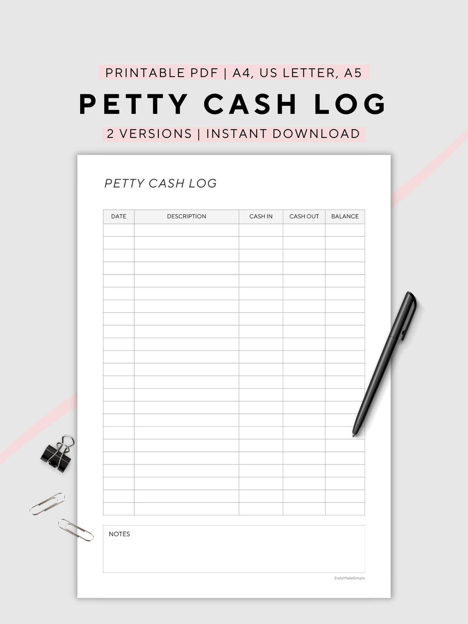 Petty Cash Log, Small Business, Side Hustle, Work From Home, Printable ...