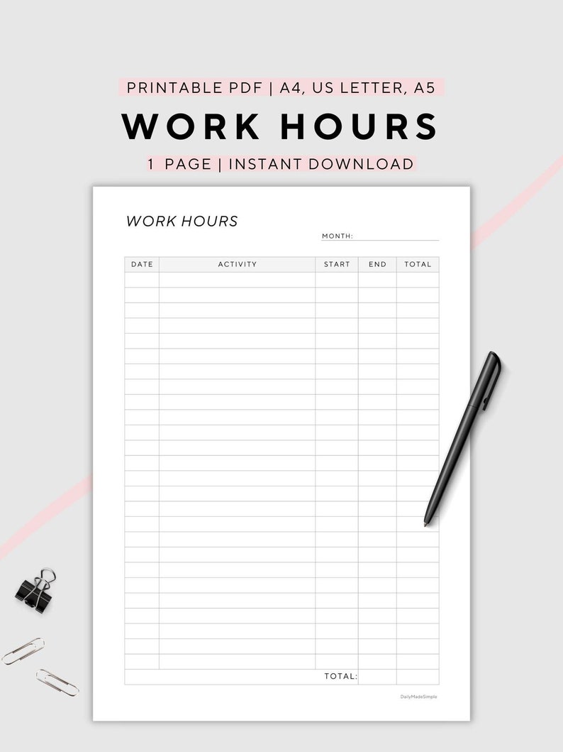 Work Hours Log, Work Tracker, Printable, Work From Home, Side Hustle ...