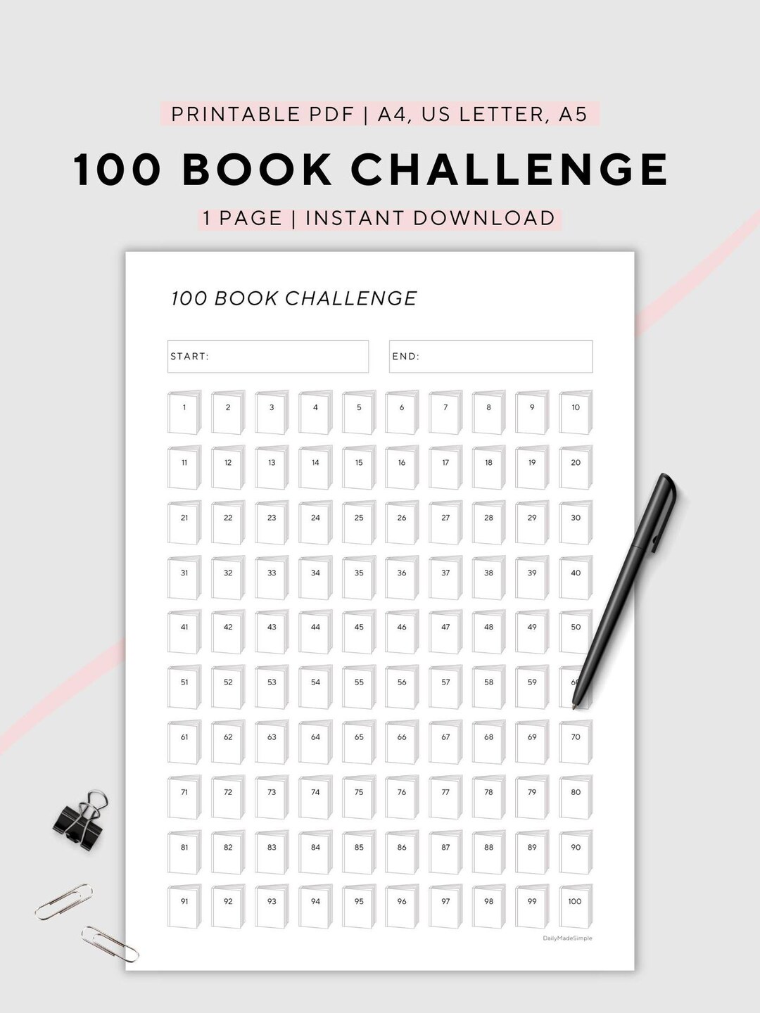 100 Book Challenge Tracker, Reading Log, Printable, A4/A5/US Letter ...