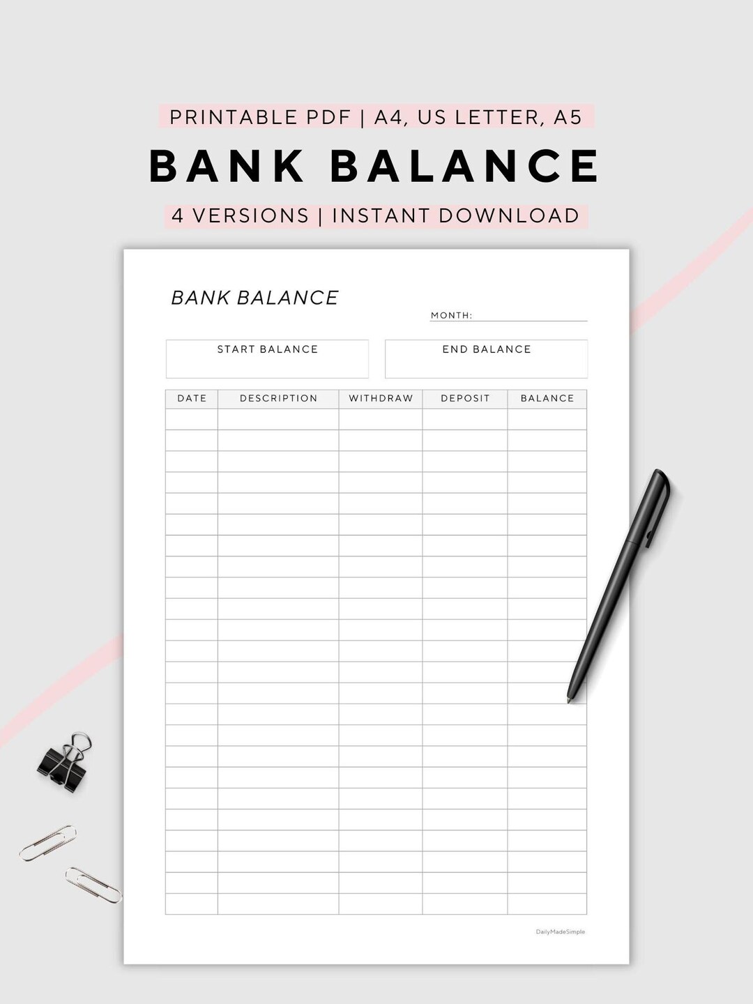 Bank Balance Tracker, Money Budgets, Finance Planner, Printable, A4/A5 ...