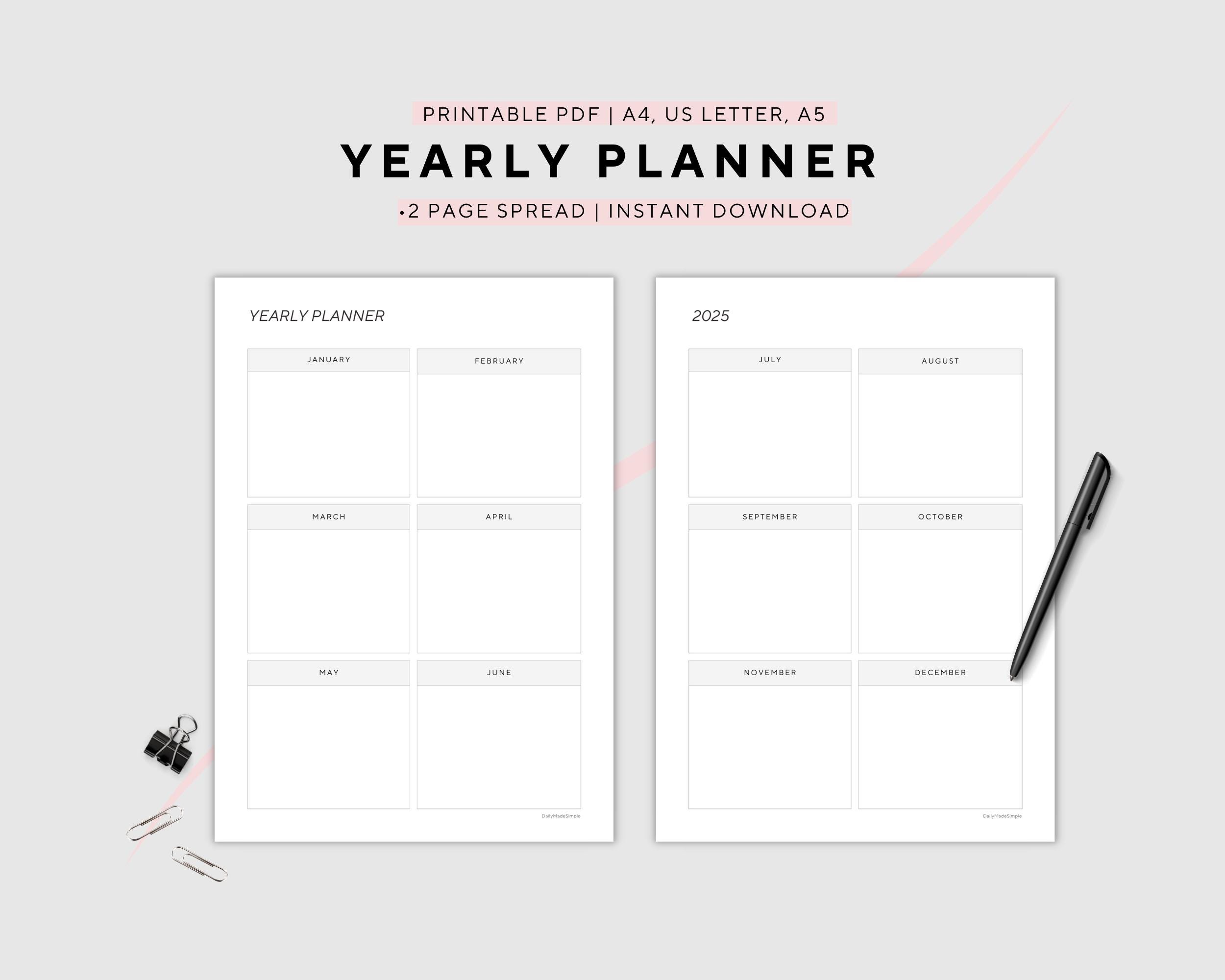 Yearly Planner, Printable, A4/A5/US Letter, Instant Download PDF - Etsy