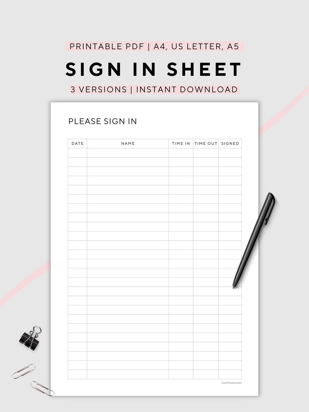 Sign in Sheet, Visitors Sign In, Welcome Sign In, Printable, A4/A5/US ...