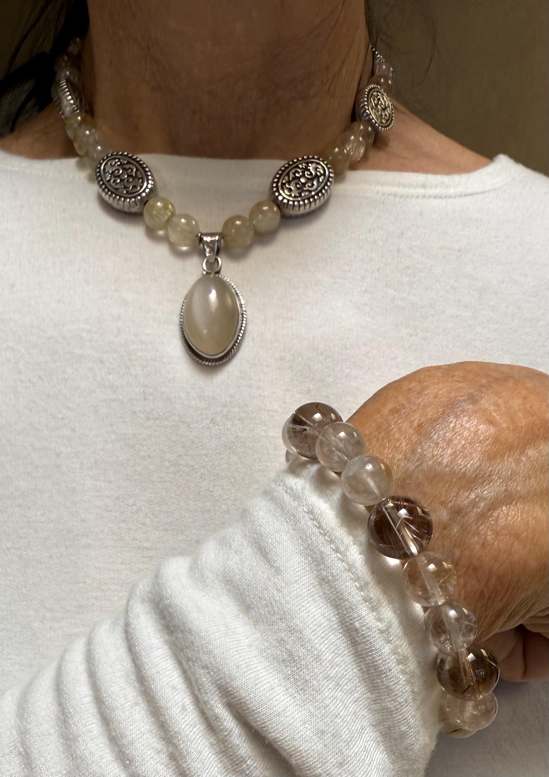 Simple Round Rutilated Quartz With Oblong Scrolled Silver Spacers and ...