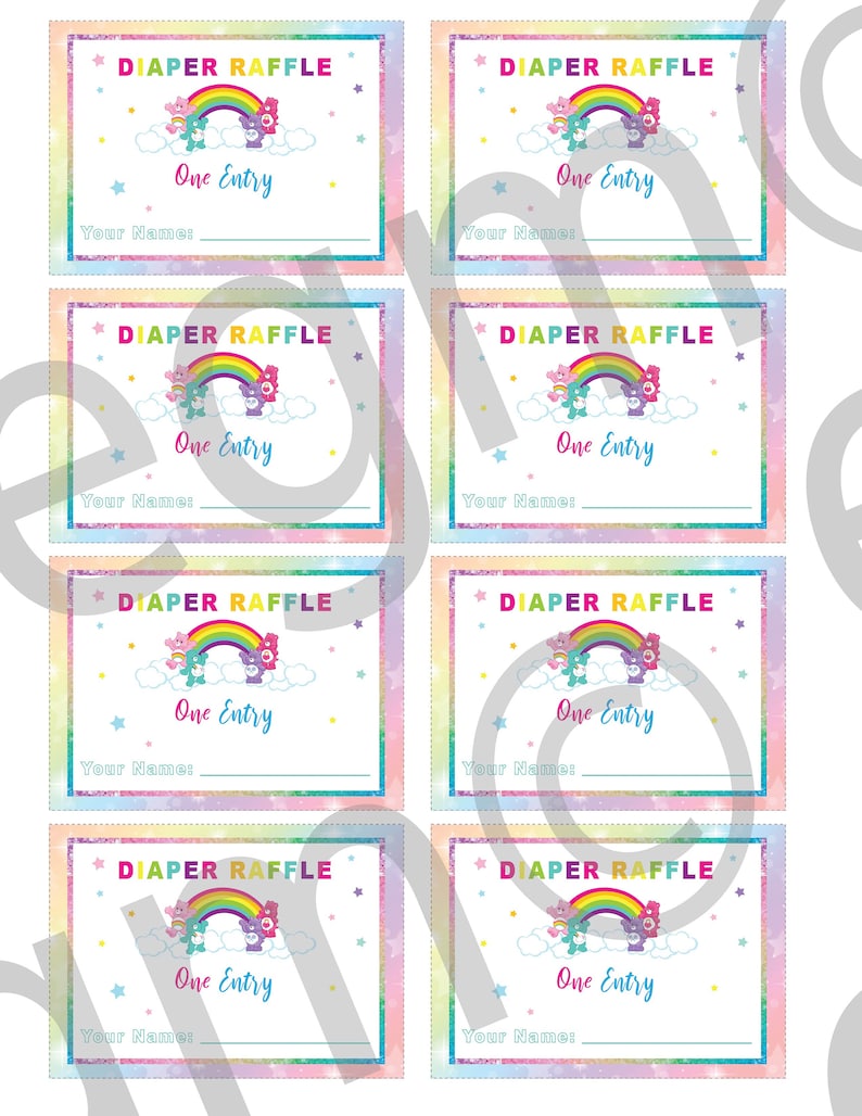 Care Bear Inspired- Diaper Raffle Ticket, INSTANT DOWNLOAD, Baby Shower ...