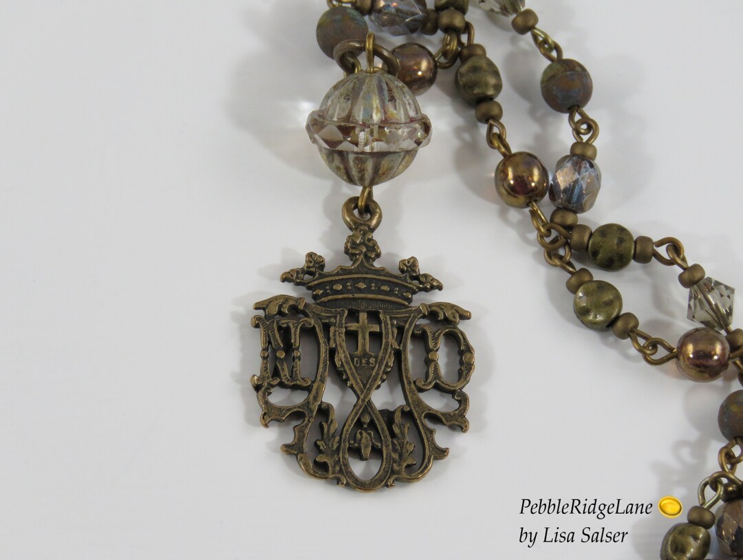 Beaded Chain Necklace With Bronze Notre Dame Religious Crest Pendant ...