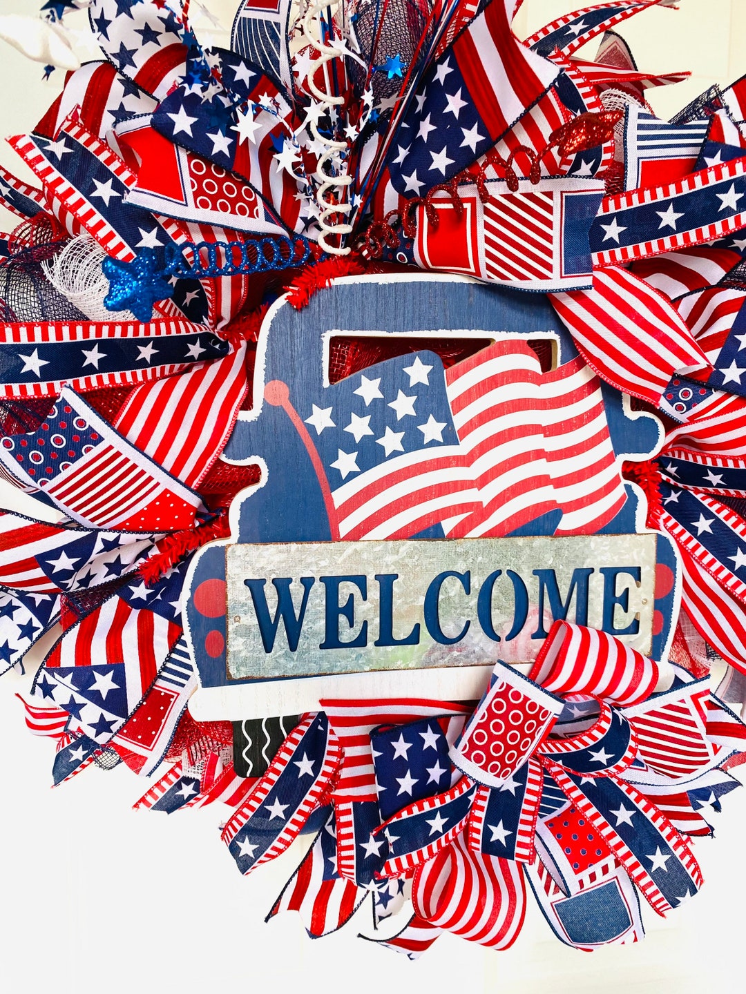 Patriotic Welcome Wreath, American Flag in Blue Truck, Patriotic Door ...
