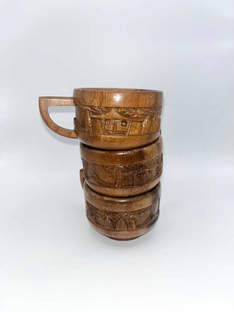 Handcarved Native Style Wooden Tea Cup SET OF 3 Vintage Wooden Tea Cups ...