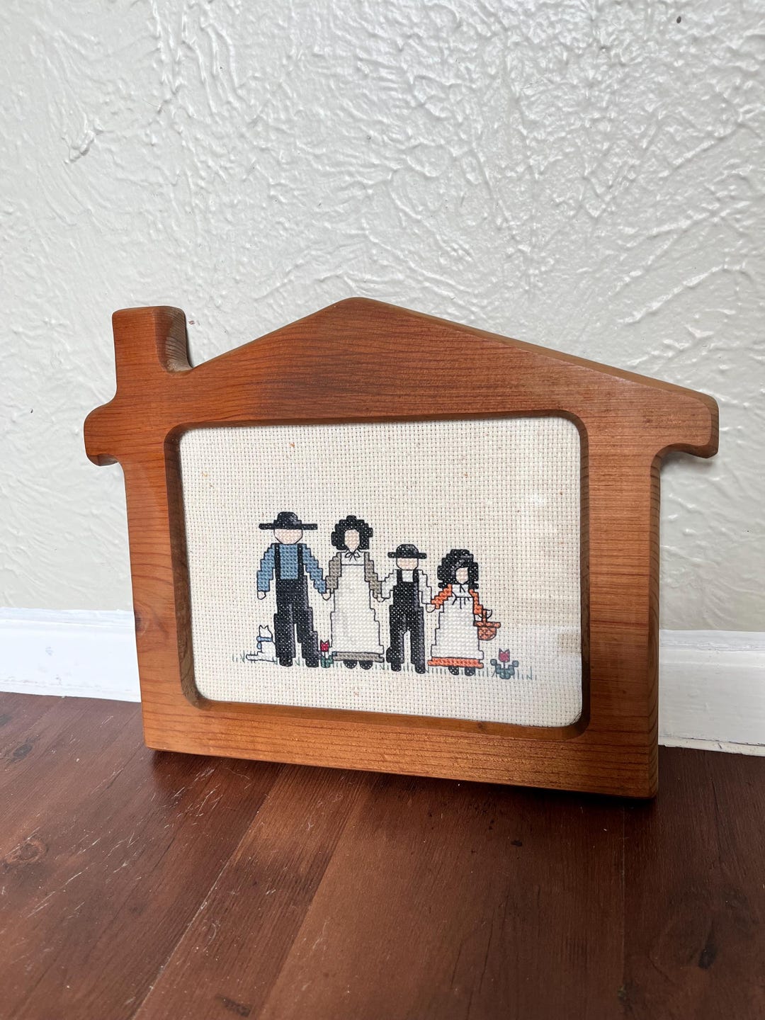 Amish Cross Stitch Art in Wooden House Shaped Frame - Etsy