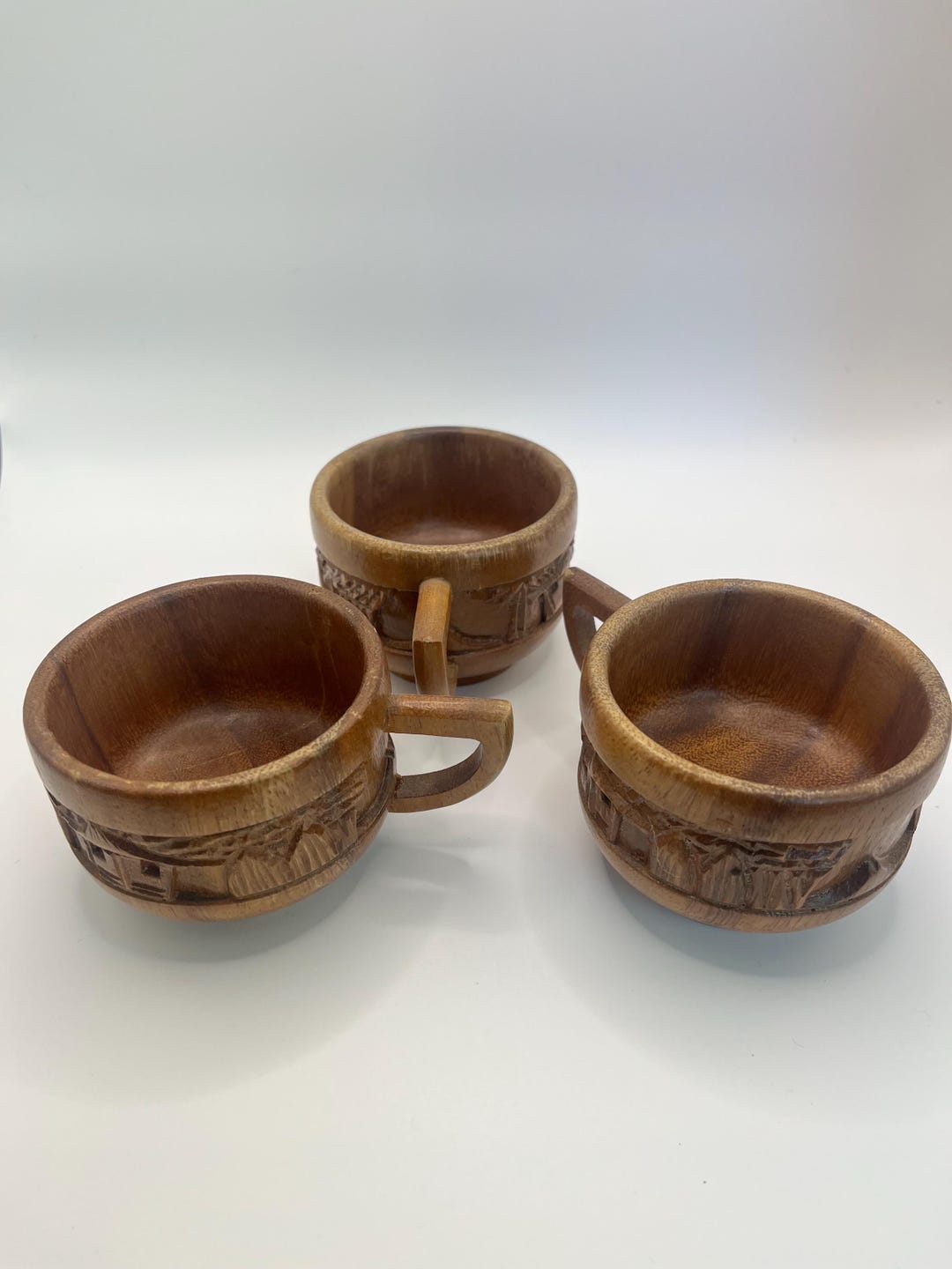 Handcarved Native Style Wooden Tea Cup SET OF 3 Vintage Wooden Tea Cups ...