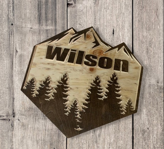 Custom Mountain & Trees House Name Sign Carved in Wood - Etsy