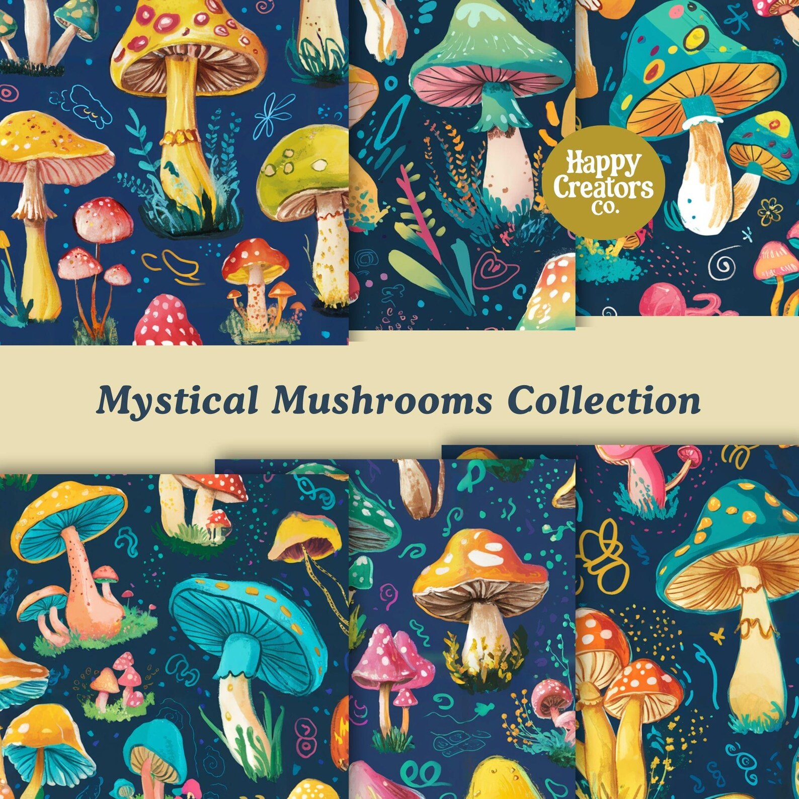 Mystical Mushrooms Seamless Patterns Collection | Whimsical Digital ...