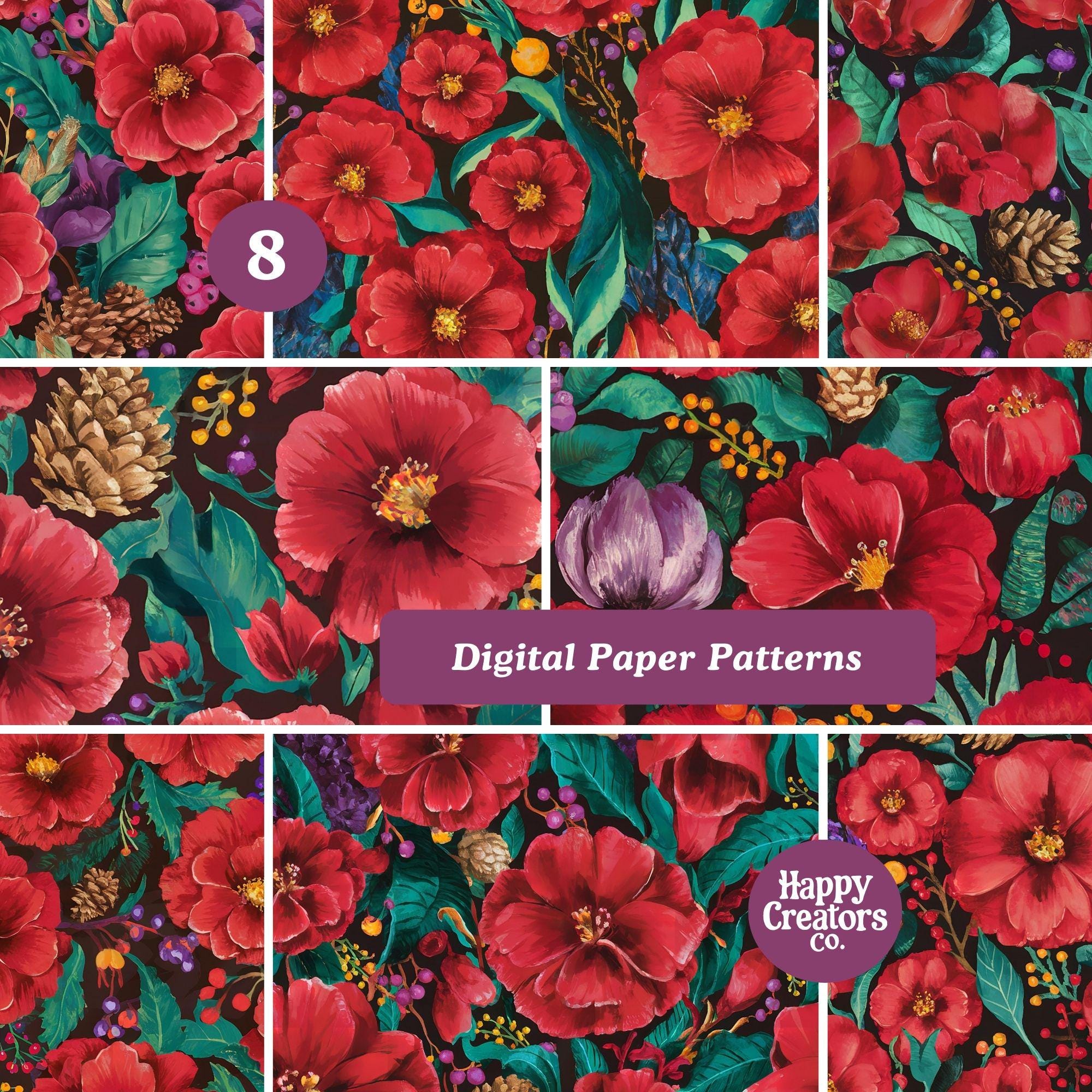 Red Florals Digital Paper Pack - Set No. 1, Floral Design, High ...