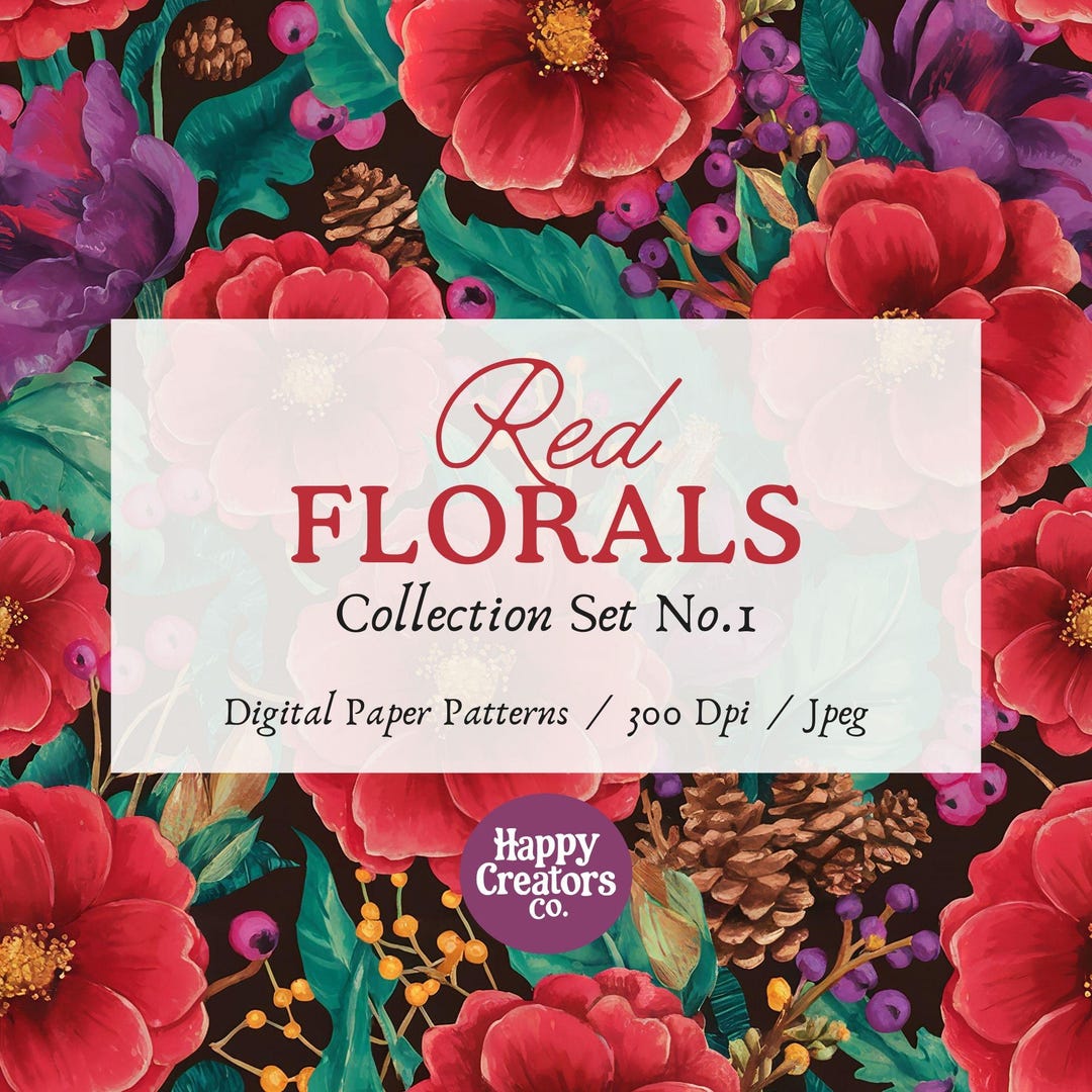 Red Florals Digital Paper Pack - Set No. 1, Floral Design, High ...