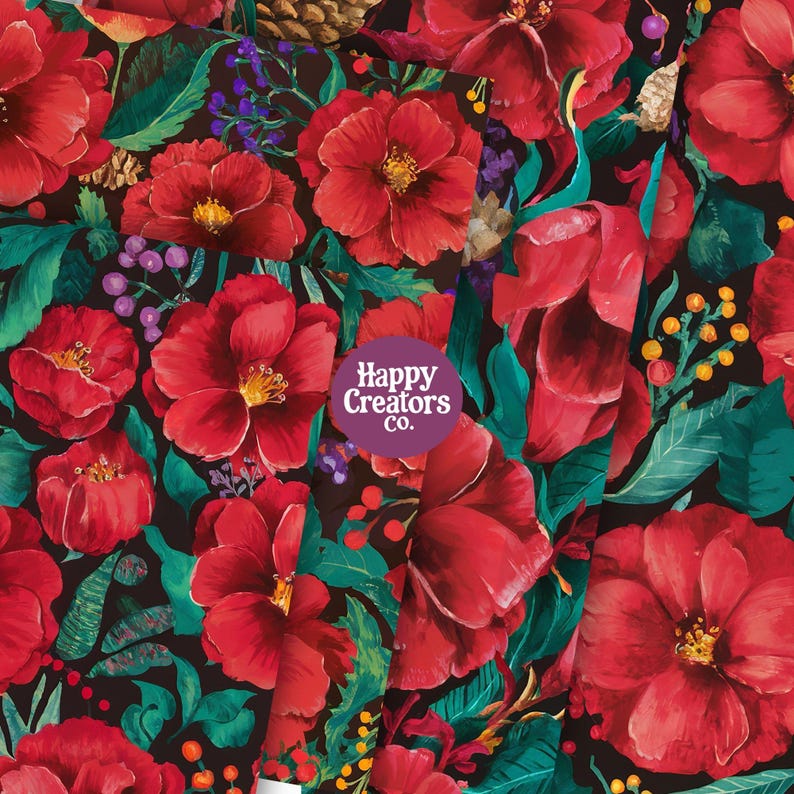 Red Florals Digital Paper Pack - Set No. 1, Floral Design, High ...