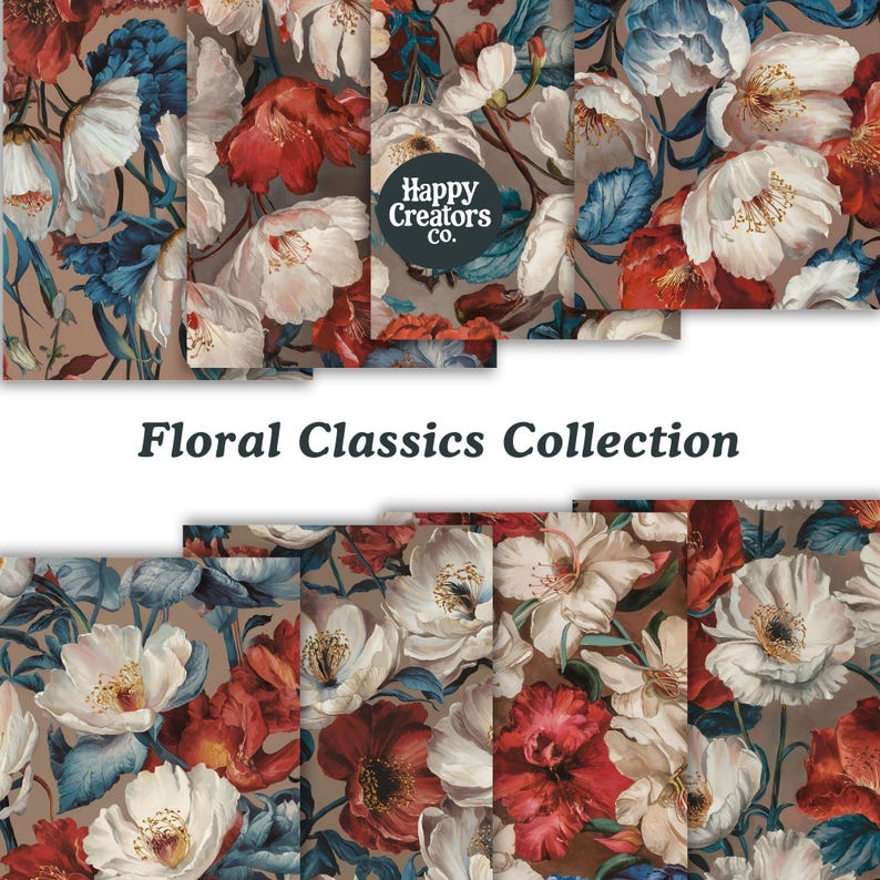 Floral Classics Digital Paper Pack - Set No. 1, Floral Design, High ...