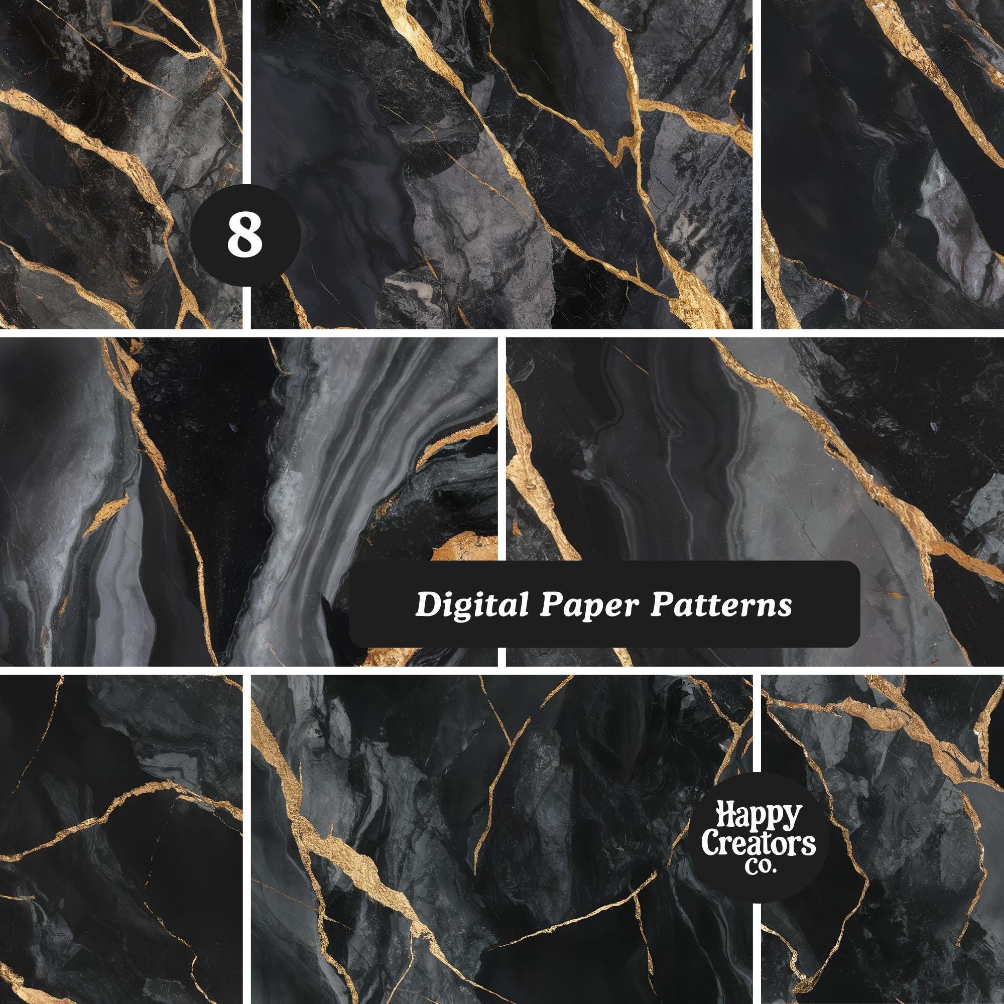 Black Marble Digital Paper Pack - Black + Gold #1, Marble Textures ...