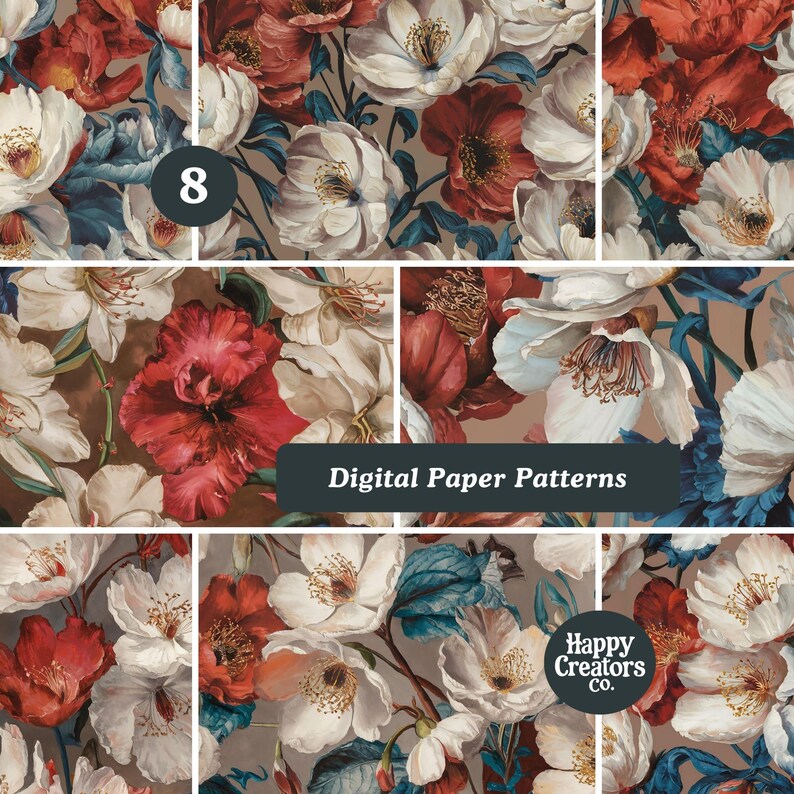 Floral Classics Digital Paper Pack - Set No. 1, Floral Design, High ...