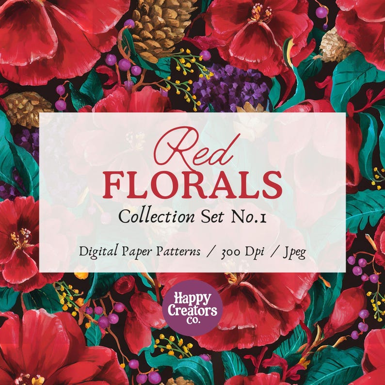 Red Florals Digital Paper Pack - Set No. 1, Floral Design, High ...