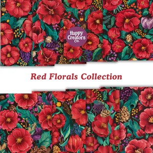 Red Florals Digital Paper Pack - Set No. 1, Floral Design, High ...