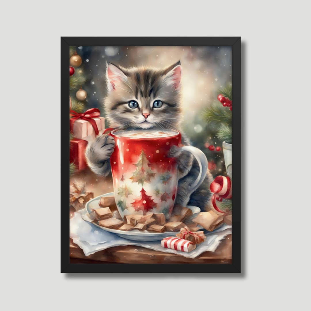 Vintage Christmas Kitten and Hot Cocoa Digital Print, Printable Art ...