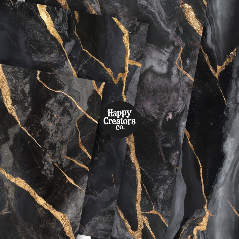 Black Marble Digital Paper Pack - Black + Gold #1, Marble Textures ...