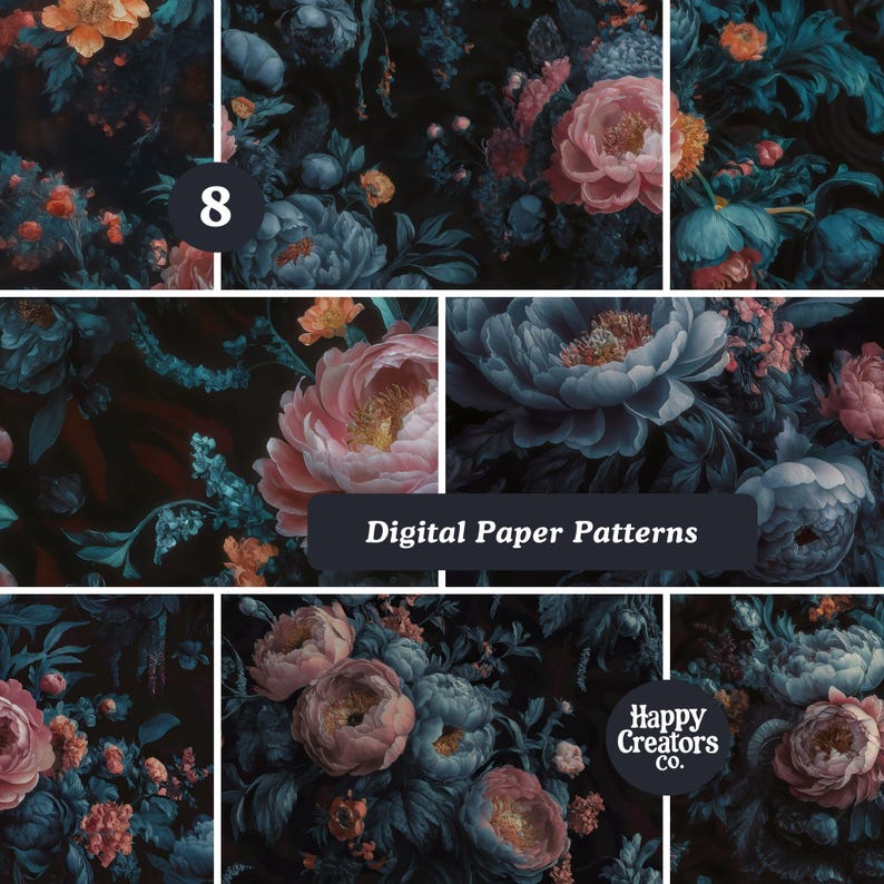 Dark Cottagecore Digital Paper Pack #1, Floral Design, High-resolution ...