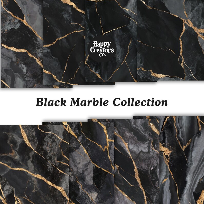 Black Marble Digital Paper Pack - Black + Gold #1, Marble Textures ...