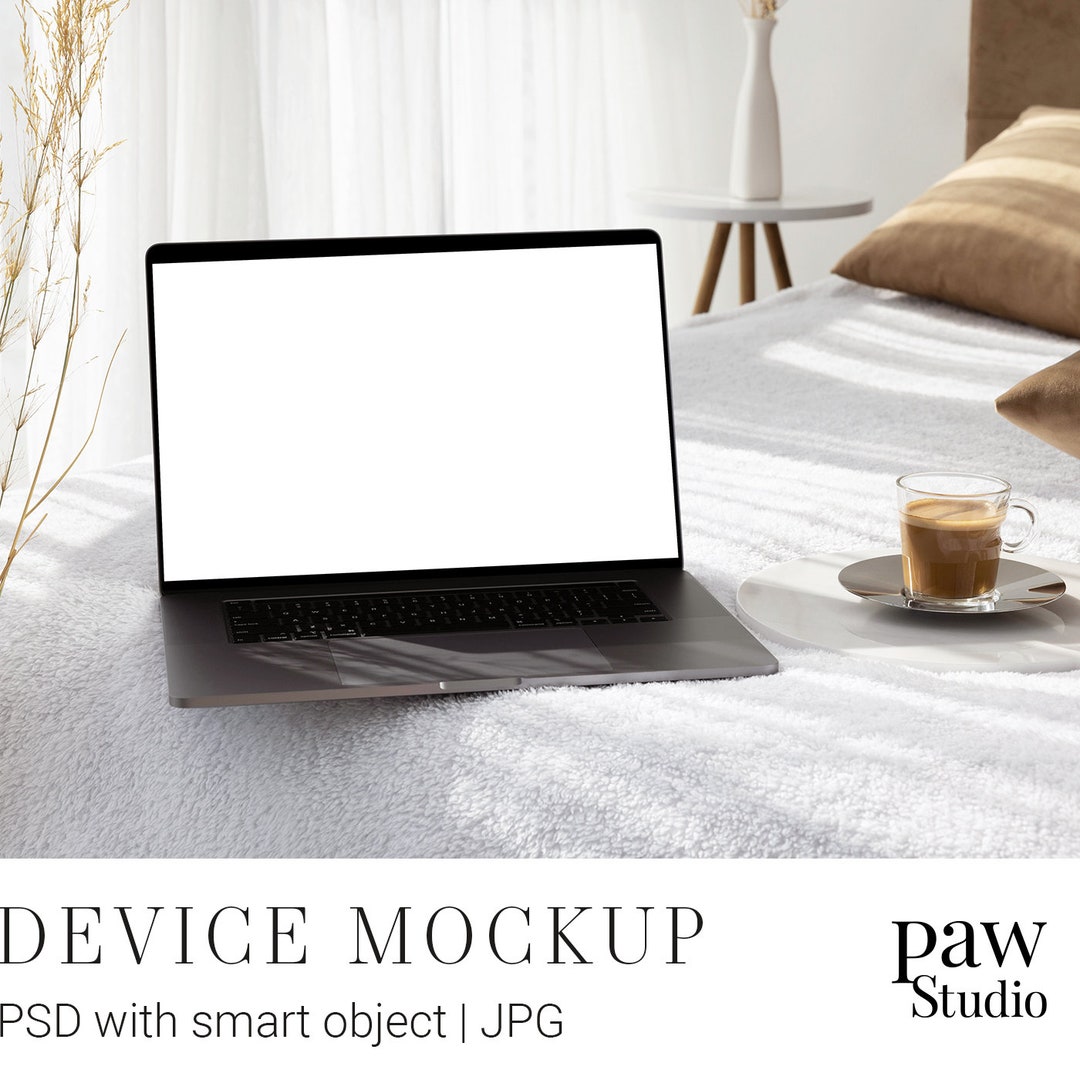 Computer Mockup on White Bad With Coffee, Dry Flowers and Beige Vase ...