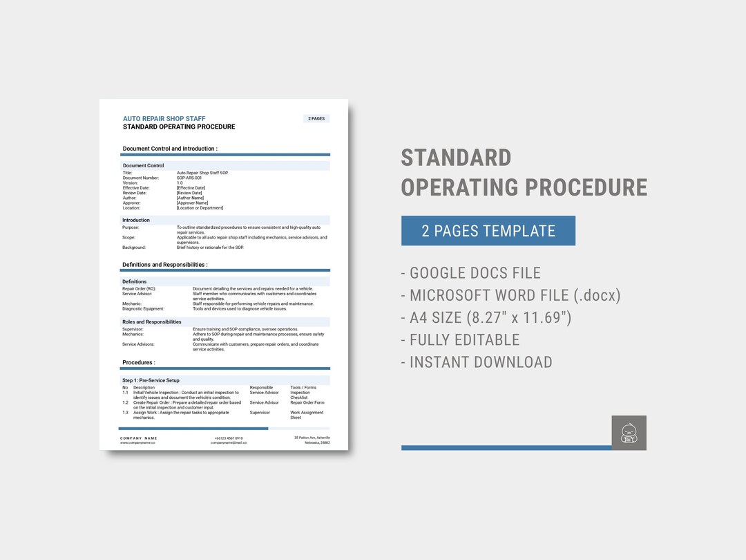 Auto Repair Shop SOP, Standard Operating Procedure Template, SOP ...