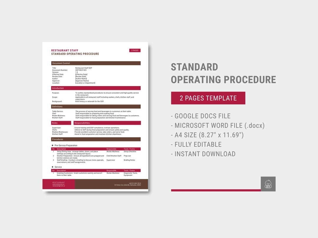 Restaurant SOP, Standard Operating Procedure Template, SOP Template ...