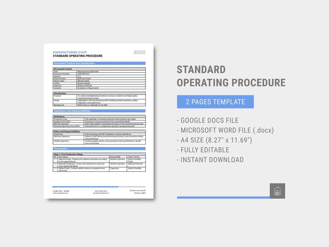 Manufacturing SOP, Standard Operating Procedure Template, SOP Template, Microsoft Word Template ...