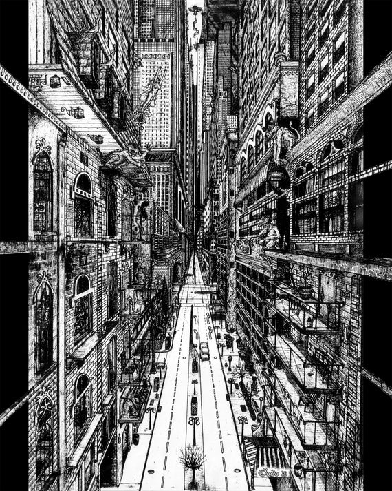 City Artwork Prints Canvas Pen and Ink Illustrated Black - Etsy