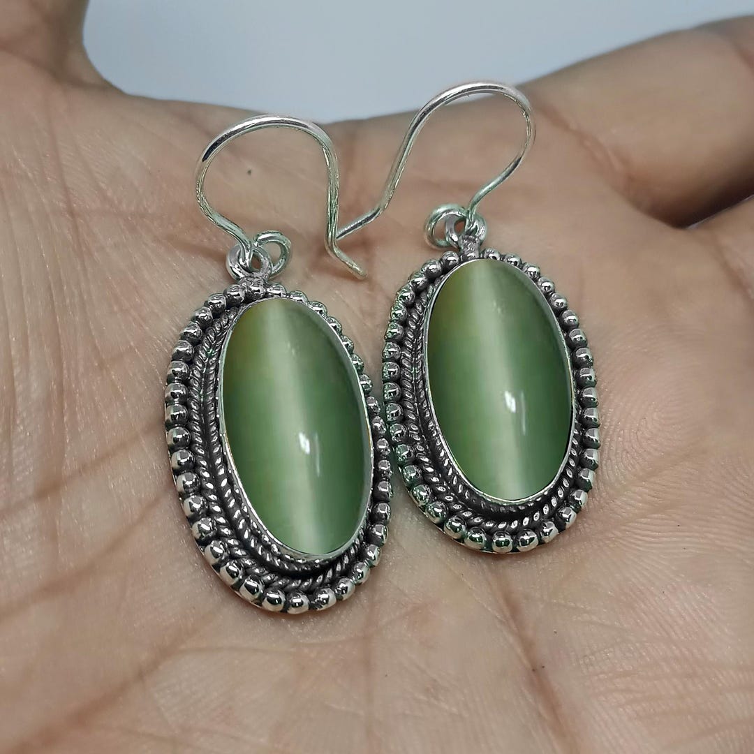 Most Popular!! Cats Eye Gemstone Earrings~ 925 Sterling Silver Cats Eye ...