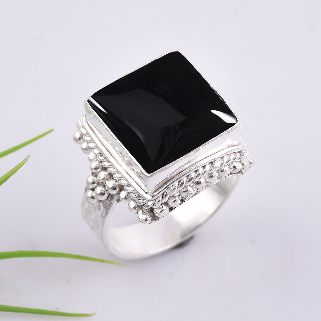 Square Black Onyx Ring – Handmade 925 Sterling Silver, Vintage Bridal ...