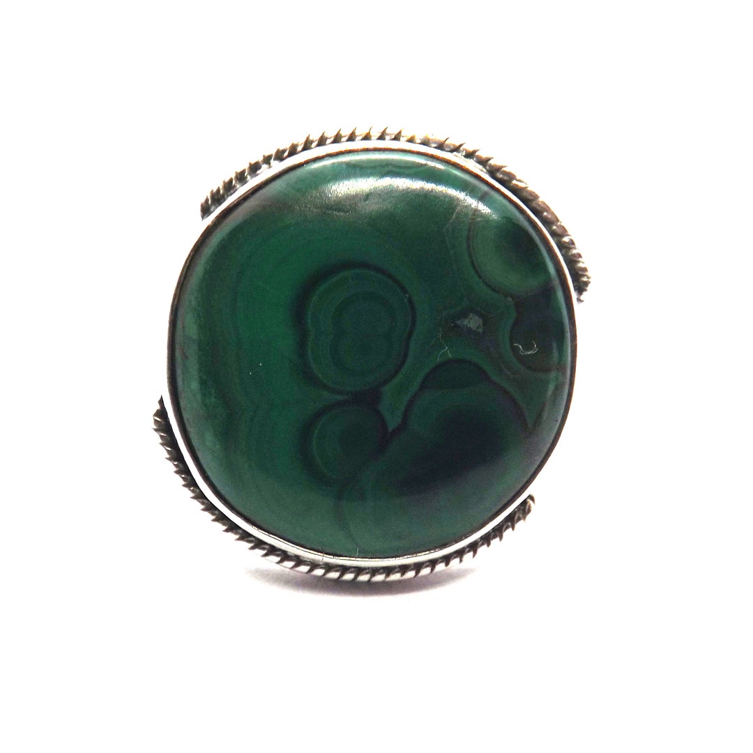 Handmade 925 Sterling Silver Malachite Ring – Round Cabochon Gemstone ...