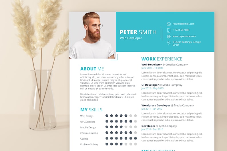 Modern Resume Template, CV Design (MS Word, Pages, PSD) - Etsy
