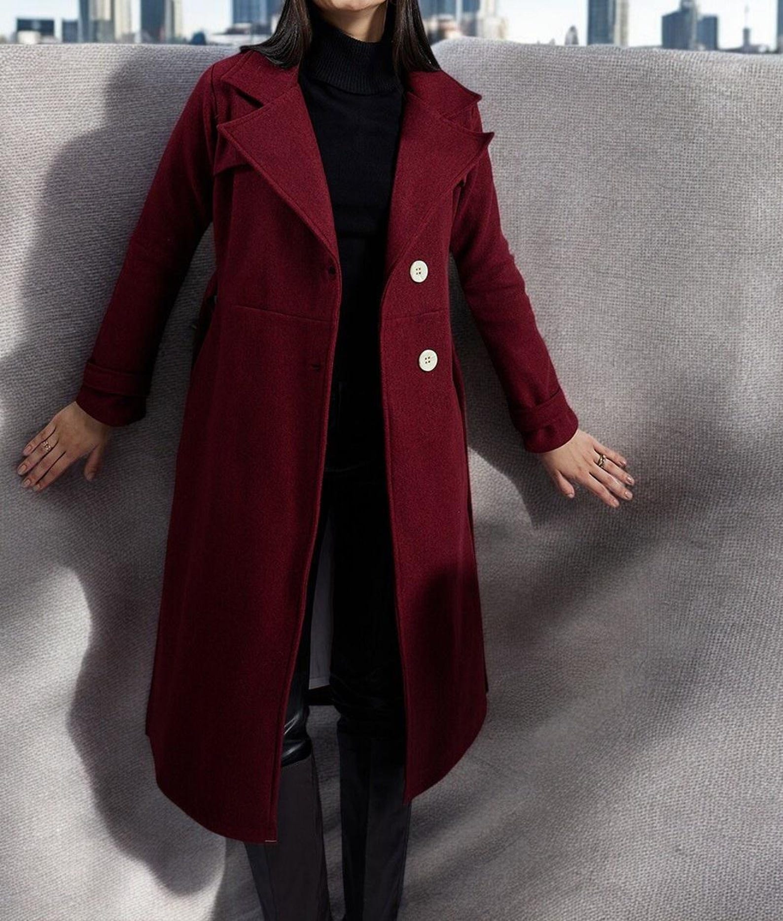 Maroon Wool Coat, Military Coat, Women's Coat, Long Wool Coat, A-line ...