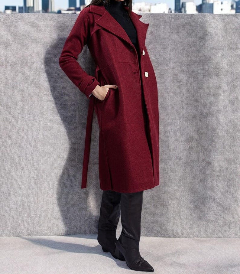 Maroon Wool Coat, Military Coat, Women's Coat, Long Wool Coat, A-line ...