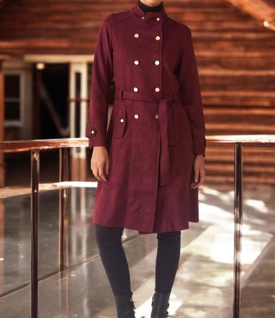 Maroon Wool Overcoat for Women | Bandhgala Fit & Flare Swing Style ...