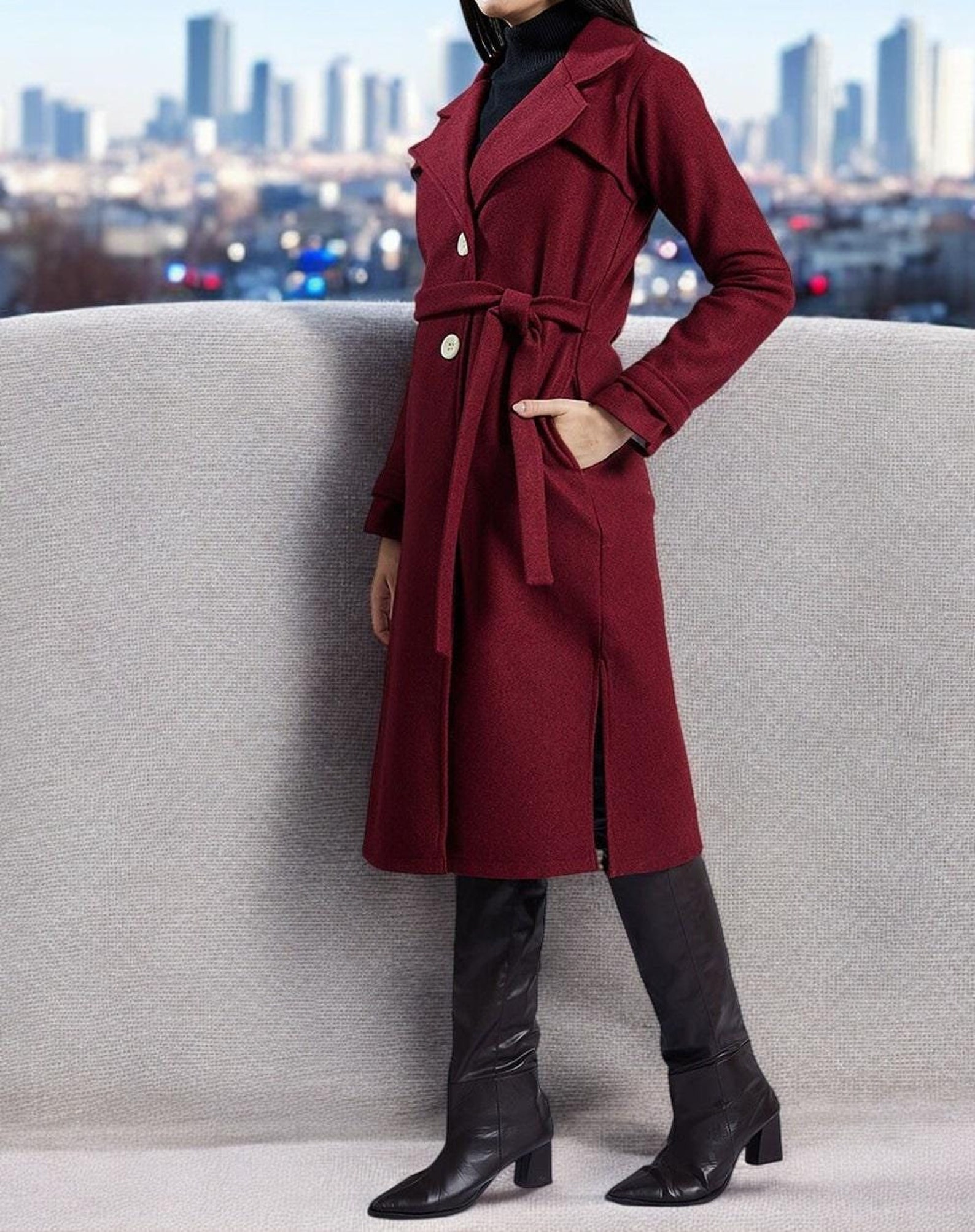 Maroon Wool Coat, Military Coat, Women's Coat, Long Wool Coat, A-line ...