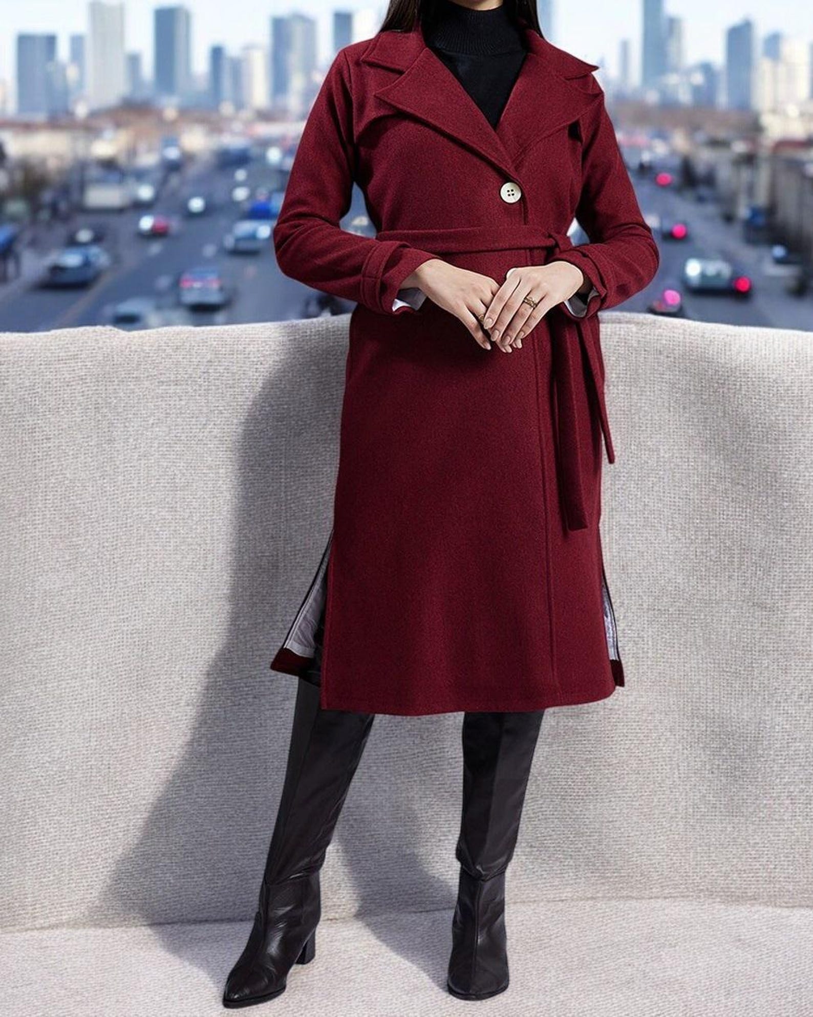 Maroon Wool Coat, Military Coat, Women's Coat, Long Wool Coat, A-line ...