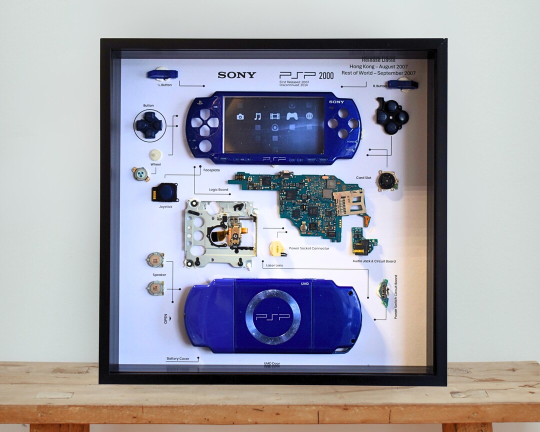 Framed Disassembled Blue PSP 2000 Console Art – Retro Gaming Teardown ...