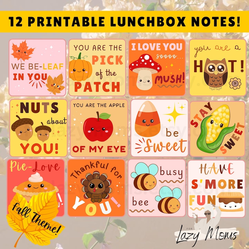 FALL THEMED Lunchbox Notes, Printable Lunchbox Notes, Halloween Lunch ...