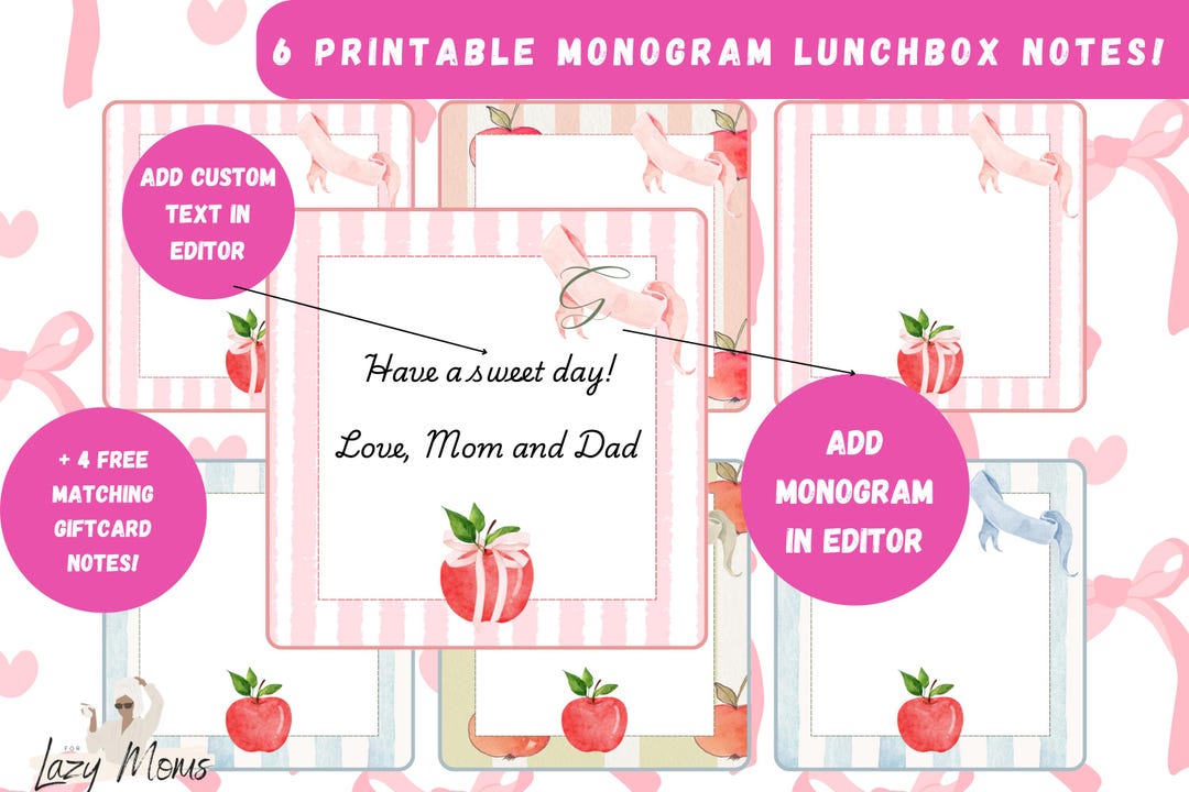 Printable Prep School Themed Lunchbox Notes, Monogram Lunch Notes ...