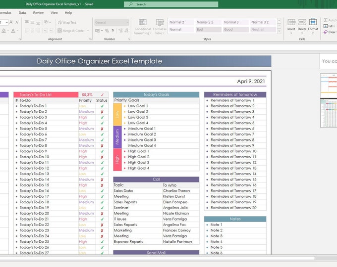 Daily Office Organizer Excel Template Daily Office Planner - Etsy